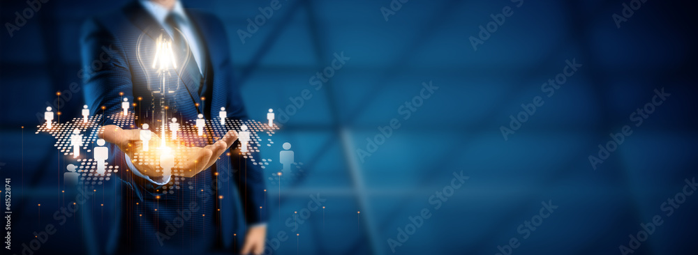 CRM. Customer network relationship management concept, businessman hold ...