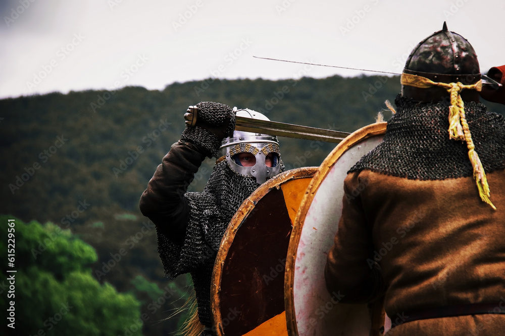Two fighting viking warriors from early middle ages. Stock Photo ...