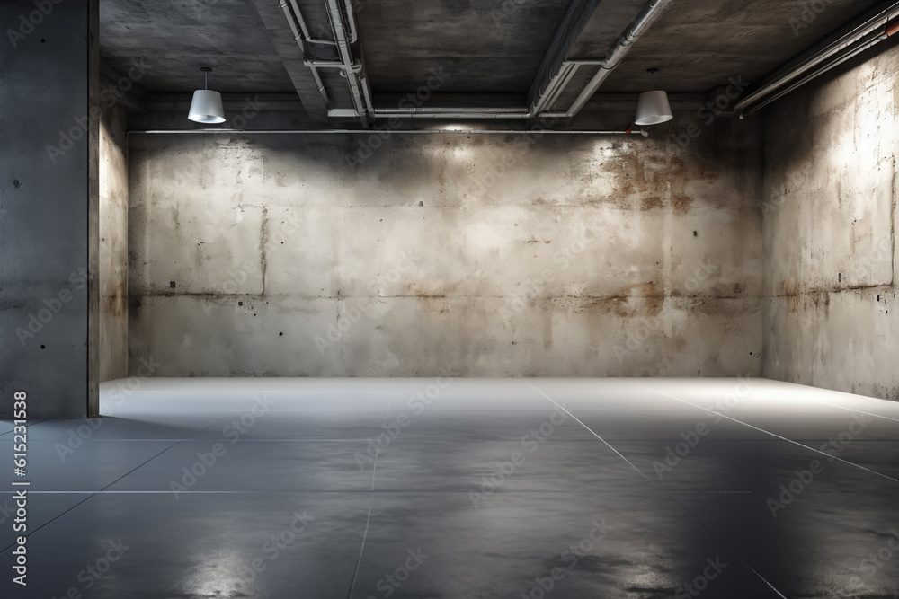 Dark basement with concrete walls and reflective cement floor and spot ...