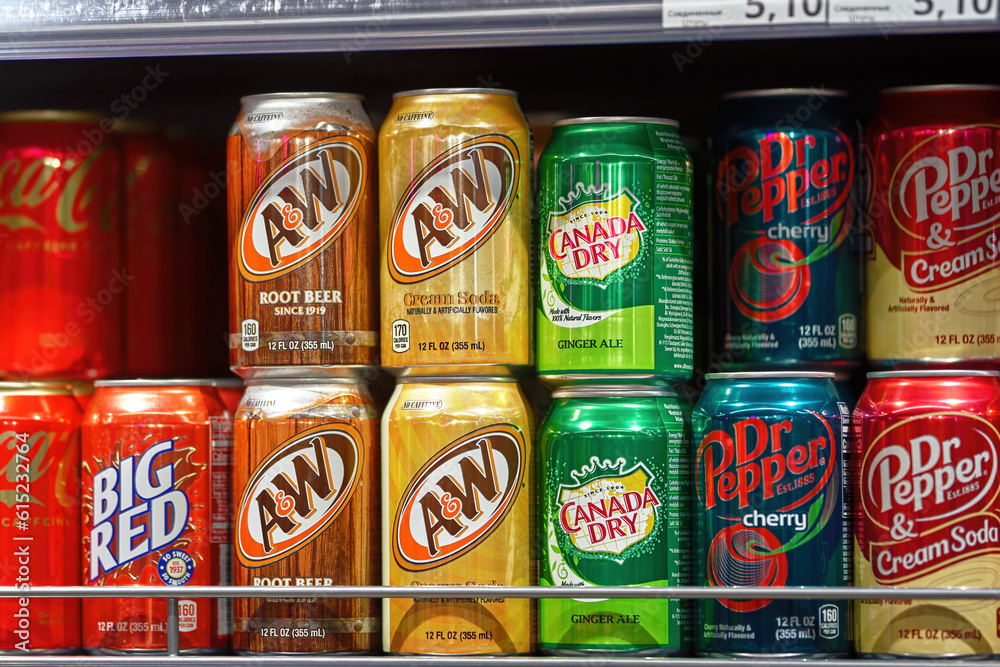 Fotka „Minsk, Belarus. Jun 20, 2023. Popular soda beverages in aluminum ...