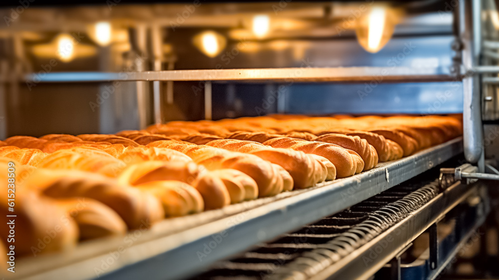 Loafs of bread in a bakery on an automated conveyor belt. Production ...