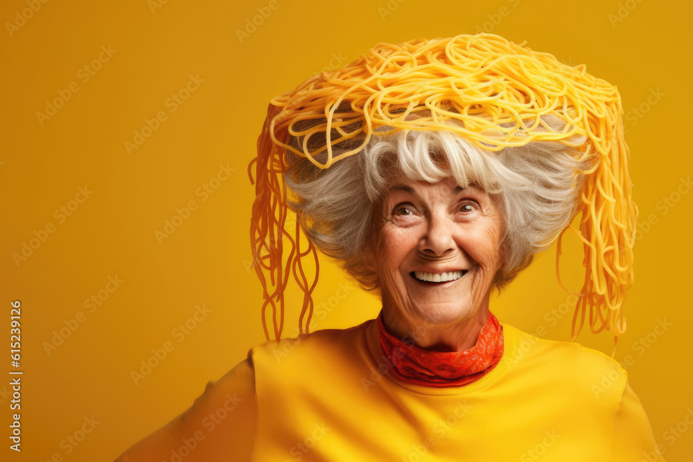 Beautiful smiling senior woman with spaghetti on the head. AI ...