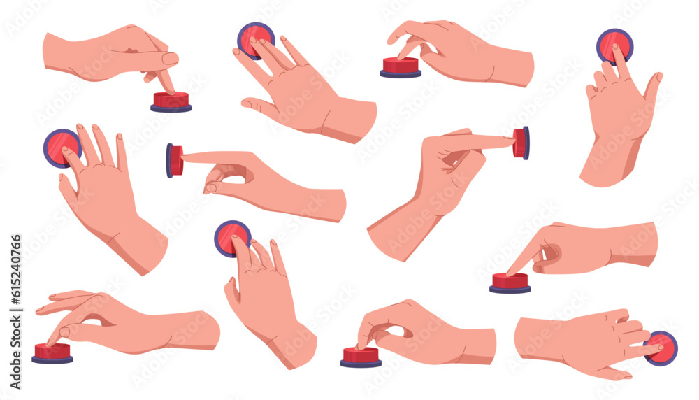 Hands pushing and pressing button set. Fingers pressing button. Turn on ...