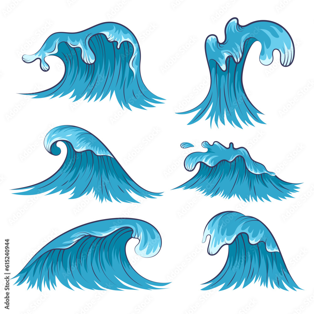 Vector sea waves collection. Isolated ocean water splash set in cartoon ...