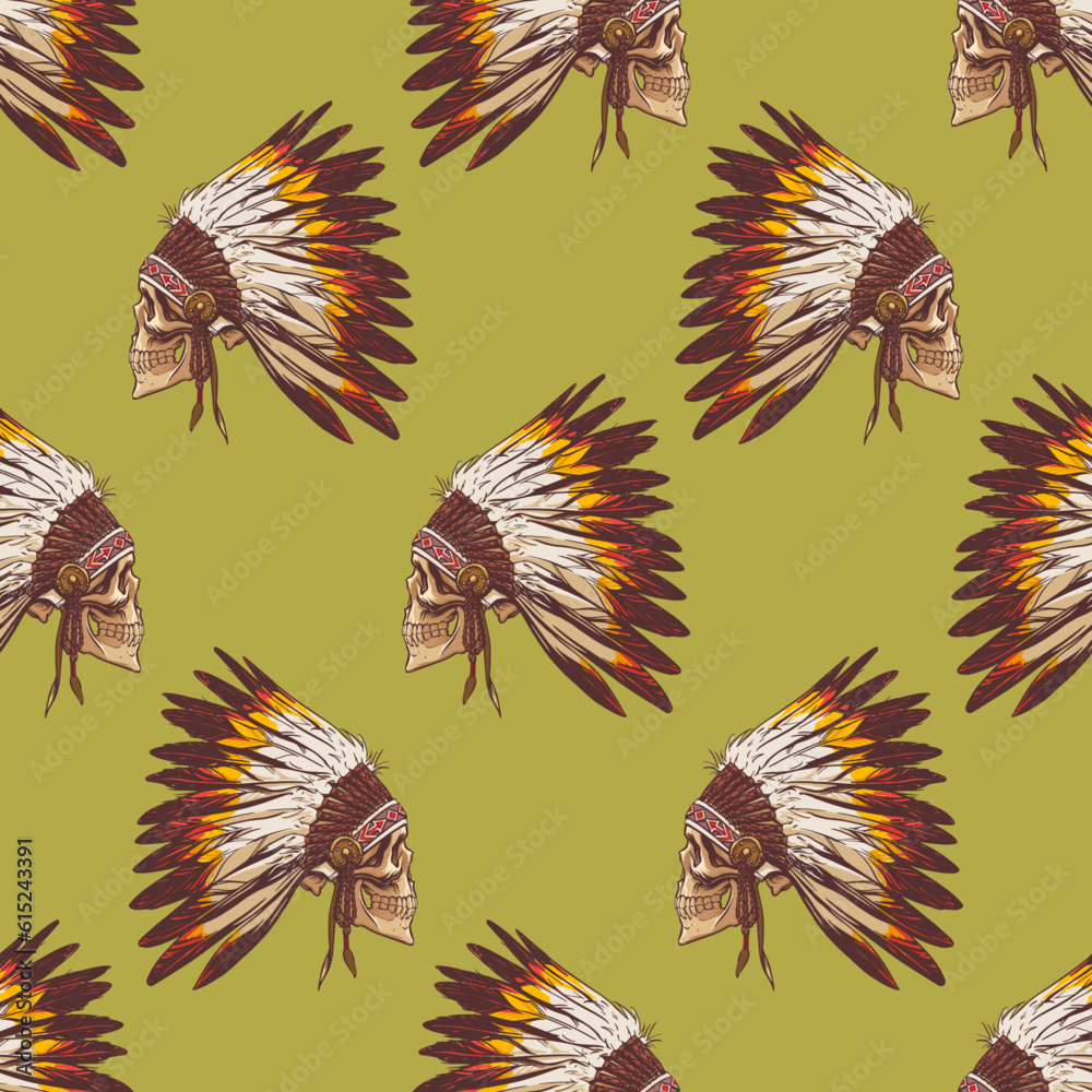 Skull pattern with indian chief headdress in hand drow style for print ...