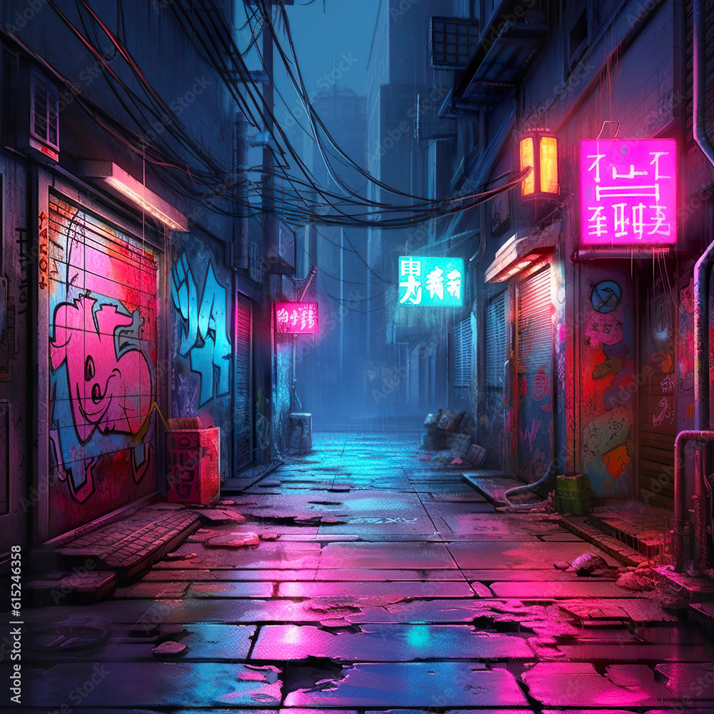 pink and blue neon lights on a city alley. neo-noir pink and blue style ...