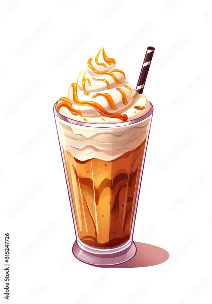 Cartoon illustration of iced coffee with whipped cream and caramel ...