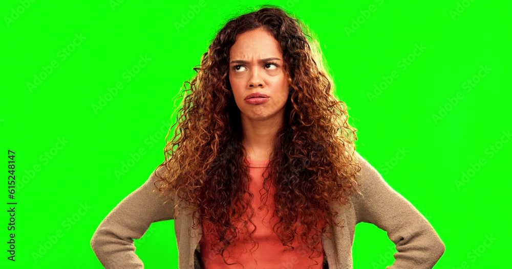 Confused, question and woman in green screen studio, angry and ...