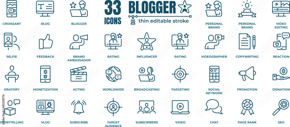 Blogger, media and communication vector icon set. Included icons as ...