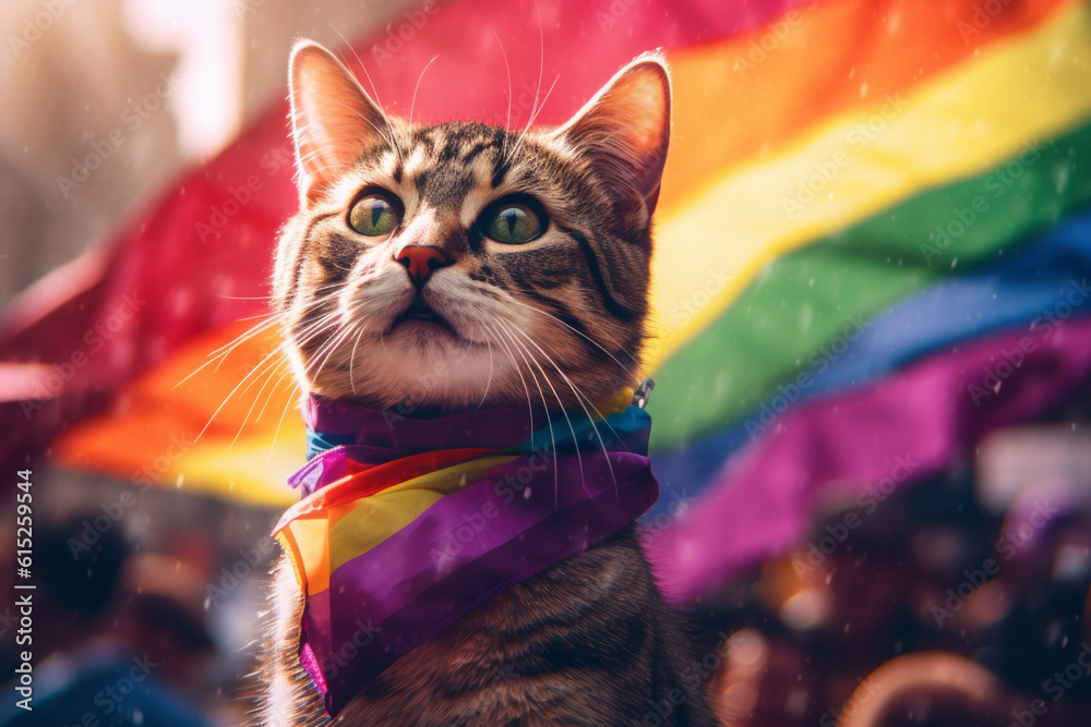 cat walking while wrapped in a colorful LGBT flag, symbolizing pride ...