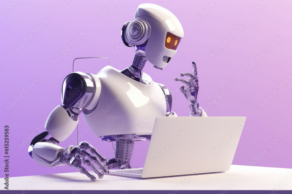 robot using a laptop to learn and process information. idea that ...