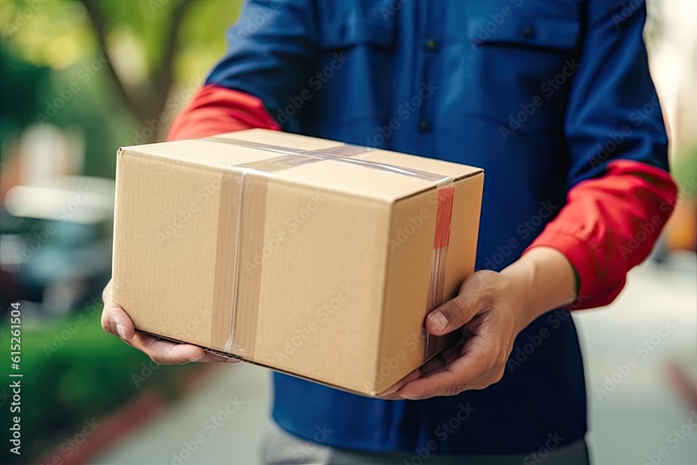 Delivery man delivering holding parcel box to customer Stock ...