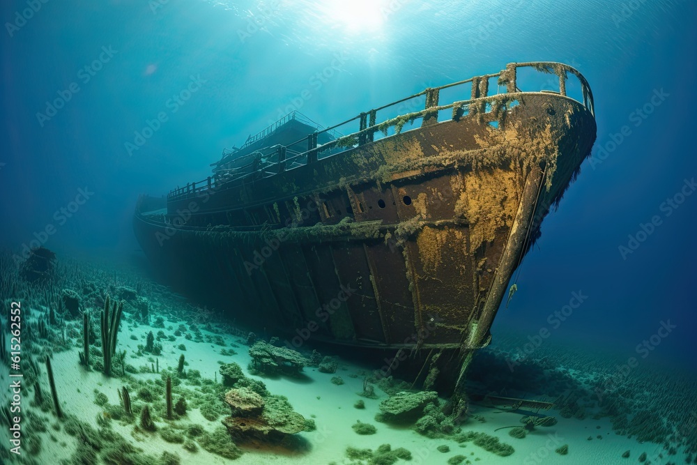 Titanic shipwreck resting on the ocean floor. The scene portrays the ...