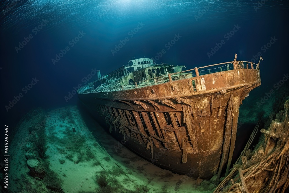 The Titanic's massive hull lies partially buried in sediment, covered ...