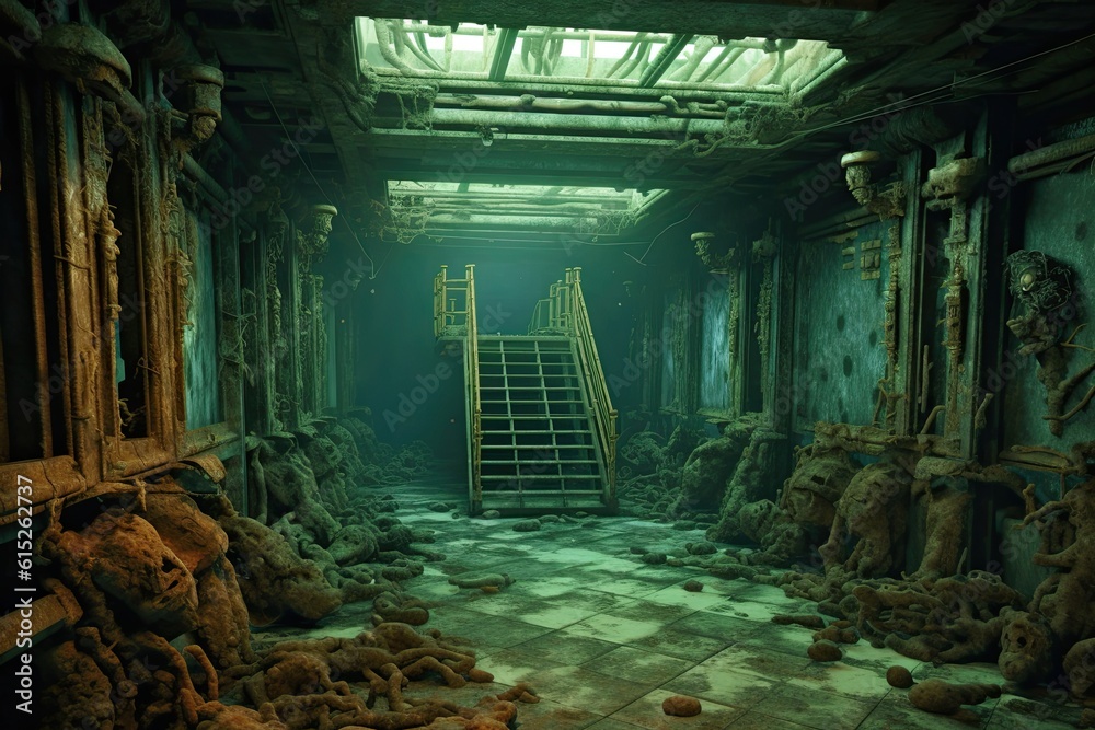 Titanic shipwreck interior with intricate details, portraying the ...
