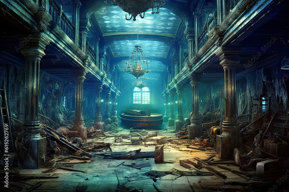 Titanic shipwreck interior with sunlight filters through the water ...