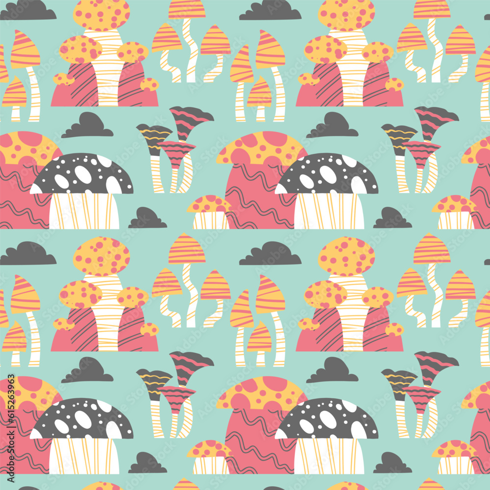 Seamless vector pattern of hand drawn cute psychedelic mushrooms ...