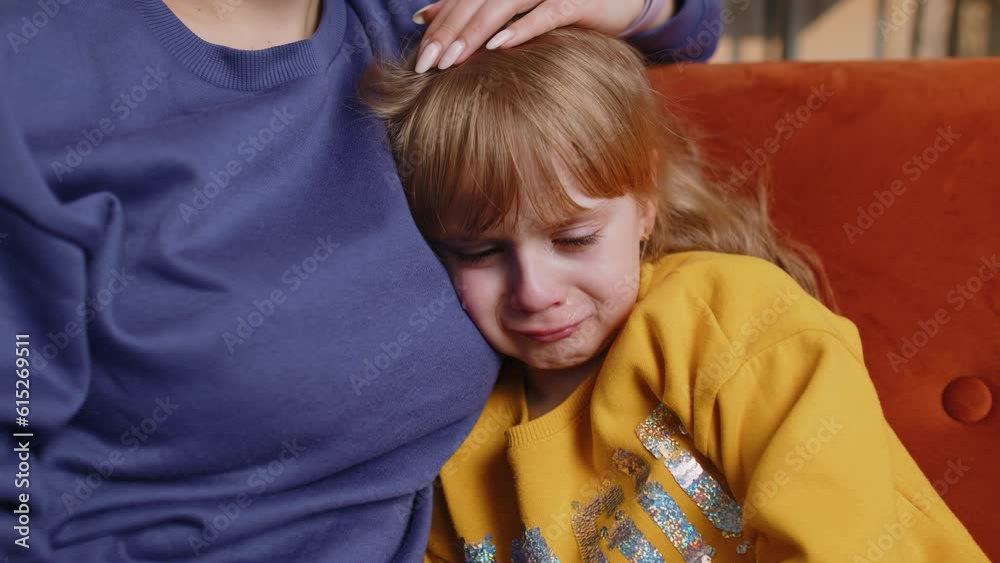 Portrait of offended upset child little girl kid crying with tears ...