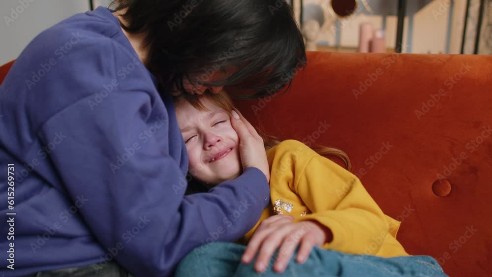 Portrait of upset offended child little girl kid crying with tears ...