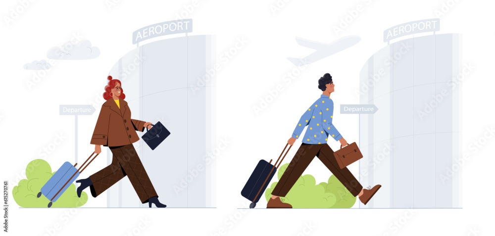 Businessmen at airport set. Characters with luggage suitcase hurries on ...