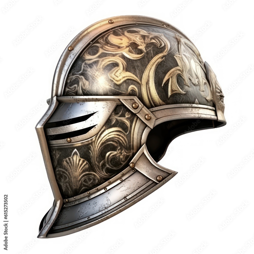 Beautiful decorated medieval plate helmet isolated on white background ...