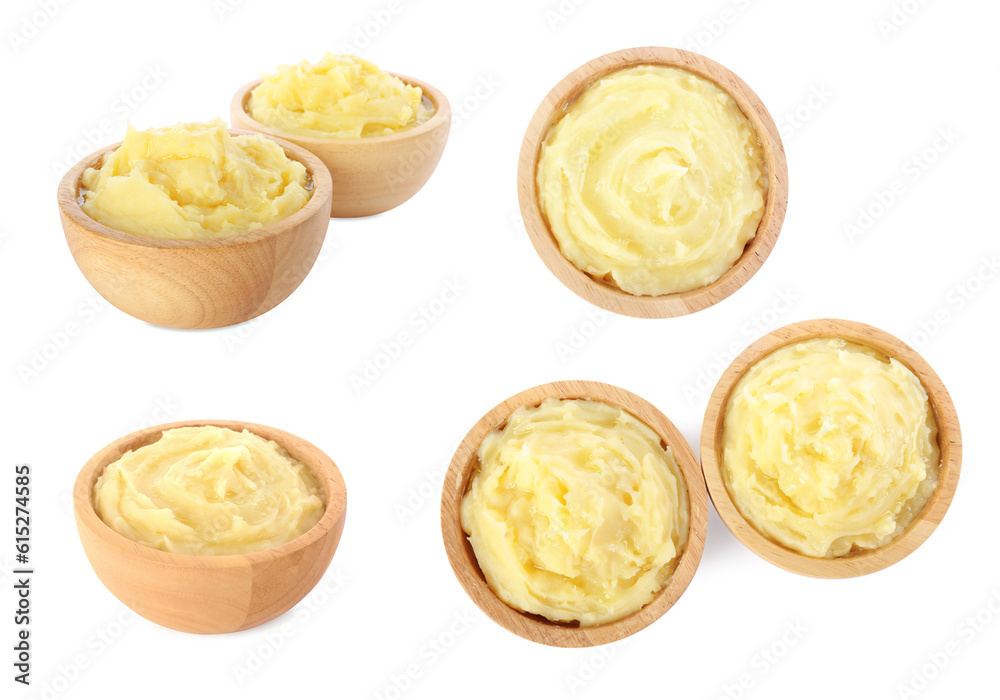 Collage with mashed potato in bowls on white background, top and side ...