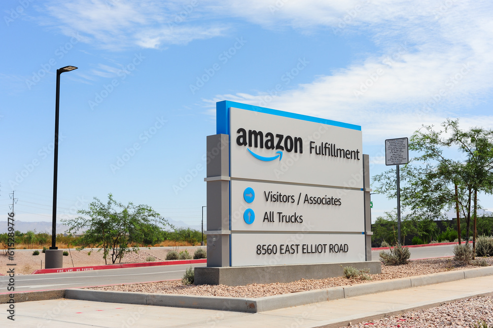 Exterior view of Amazon Fulfillment Center warehouse building monument ...