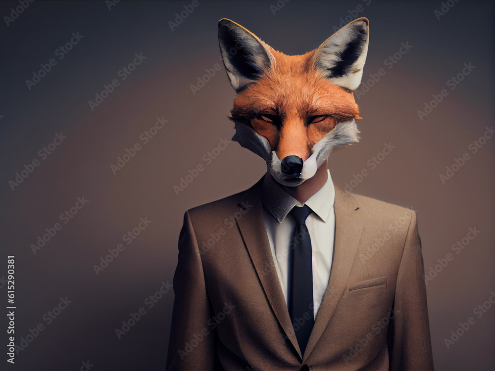 Portrait of a man with a fox head and in an office suit, close-up and ...