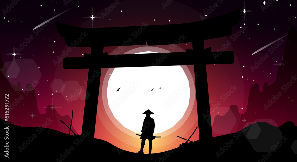 urban samurai in front of traditional japanese gate. japan theme ...