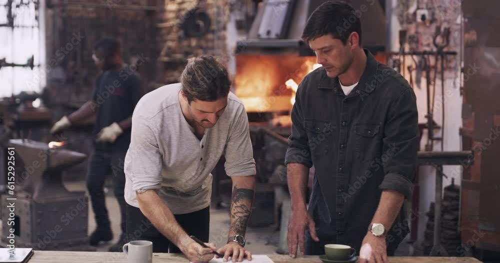 Teamwork, planning and welding with people in workshop for metal ...