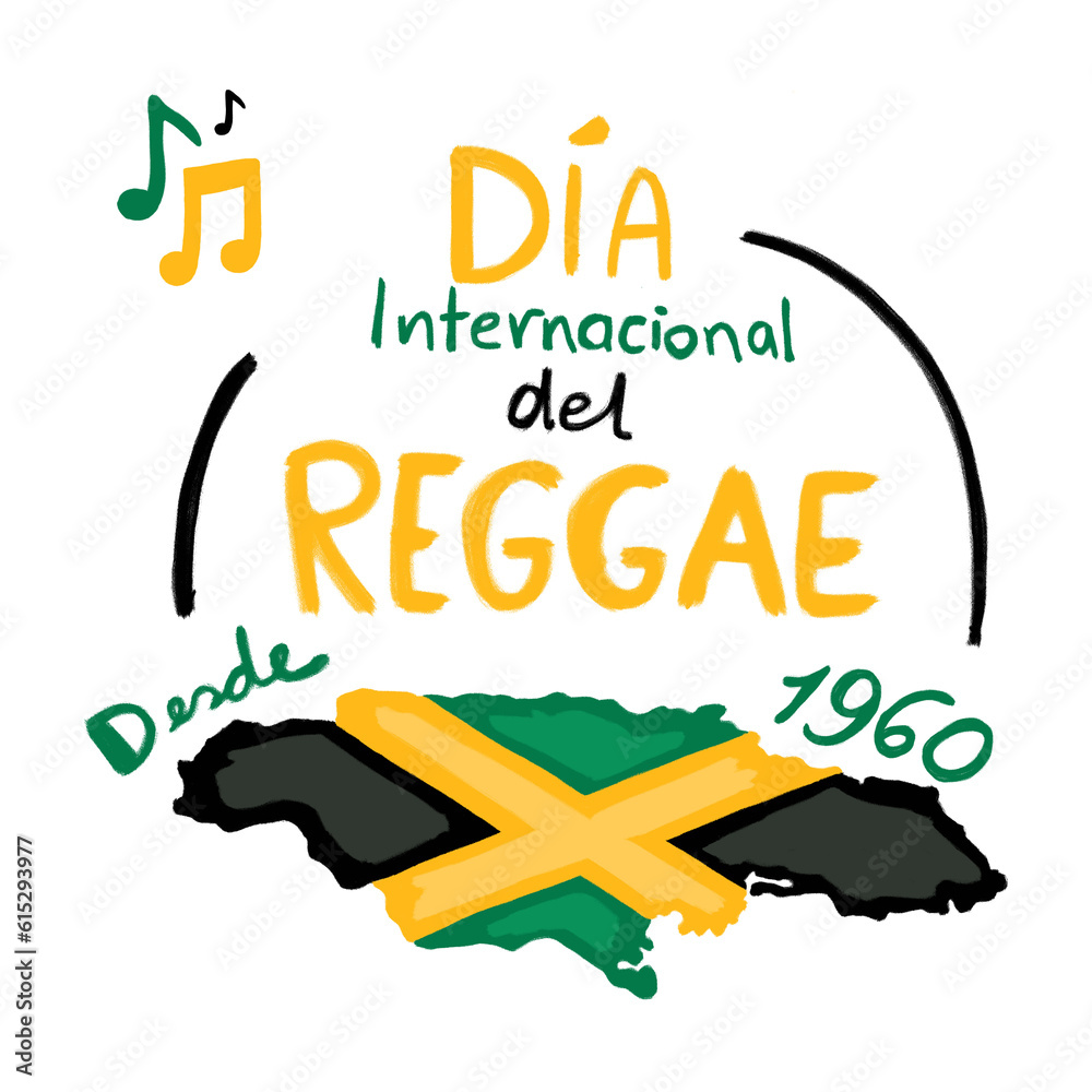 Día Internacional del Reggae, desde 1960 con bandera de Jamaica y notas ...