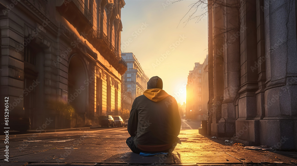 Homeless man sitting on the street in the shadow of the building ...