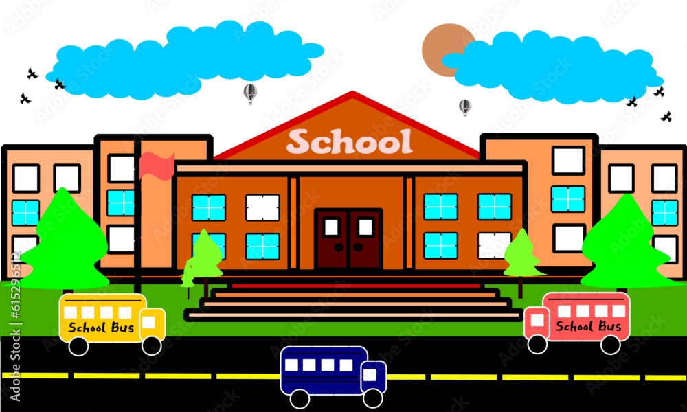 illustration of education with school building, flag, tree, sky ...