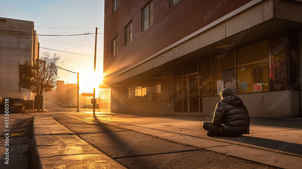 Homeless man sitting on the street in the shadow of the building ...