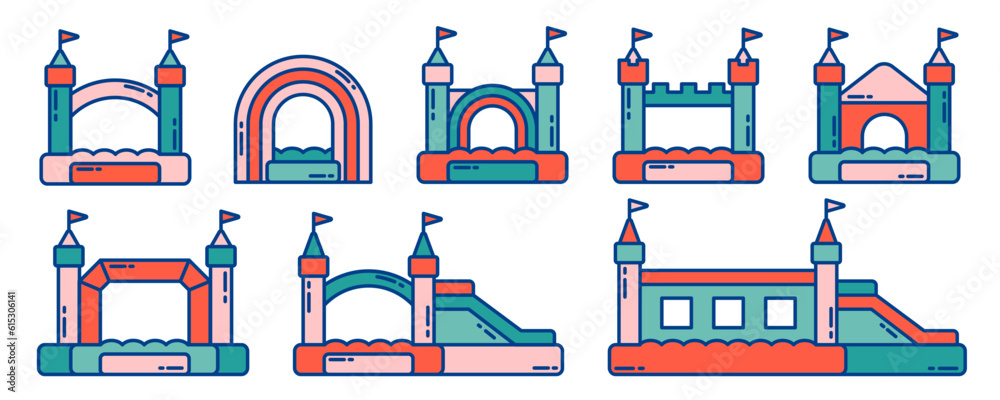 Bouncy inflatable castle icons set. Vector trampoline pictograms for ...