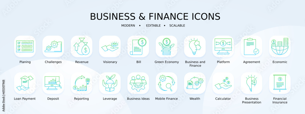 Business and finance icon collection with blue and green gradient ...