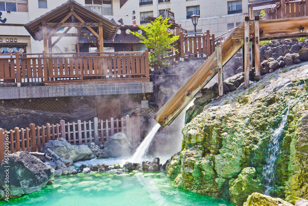 Yubatake onsen, hot spring wooden boxes with mineral water in Kusatsu ...