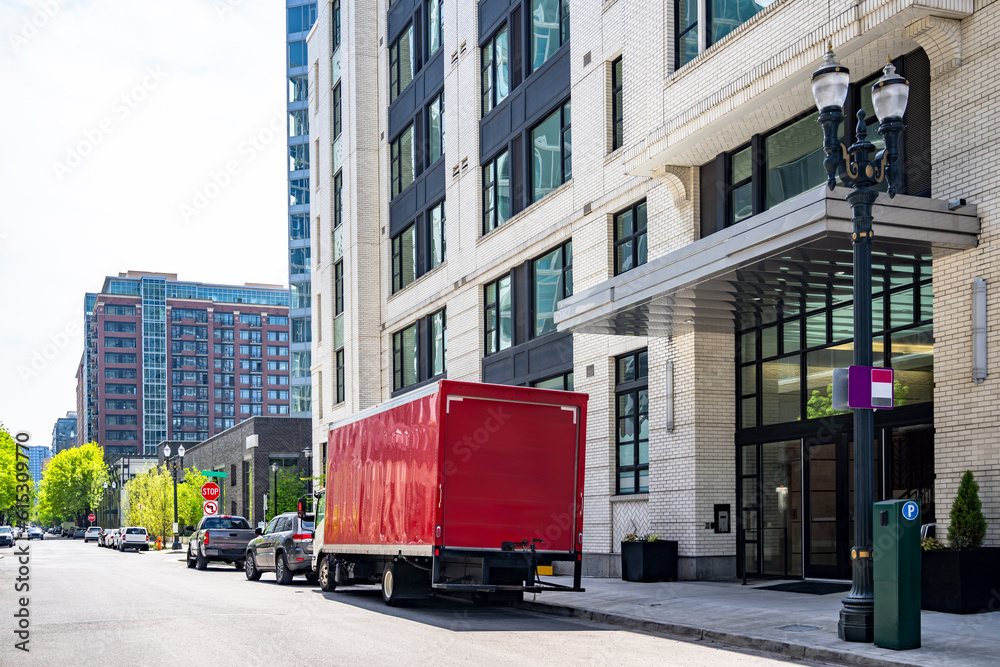 Compact small rig semi truck with red box trailer making customer ...