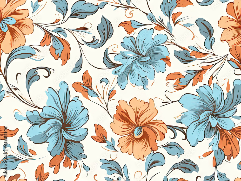 Floral pattern with orange and blue flowers on a white background with ...