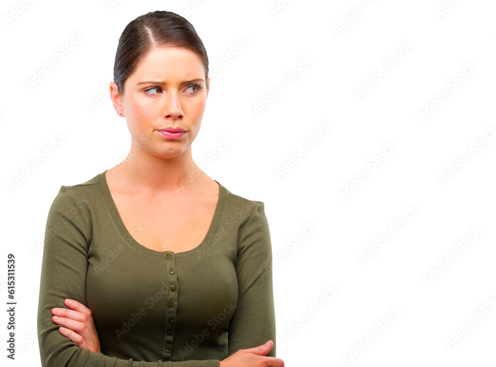 Suspicious, woman thinking with her arms crossed and isolated against a ...