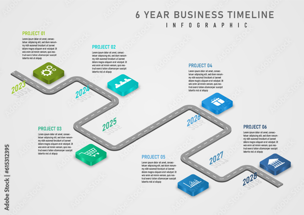 3d infographic timeline 6 years gray road top letter Multi-colored ...