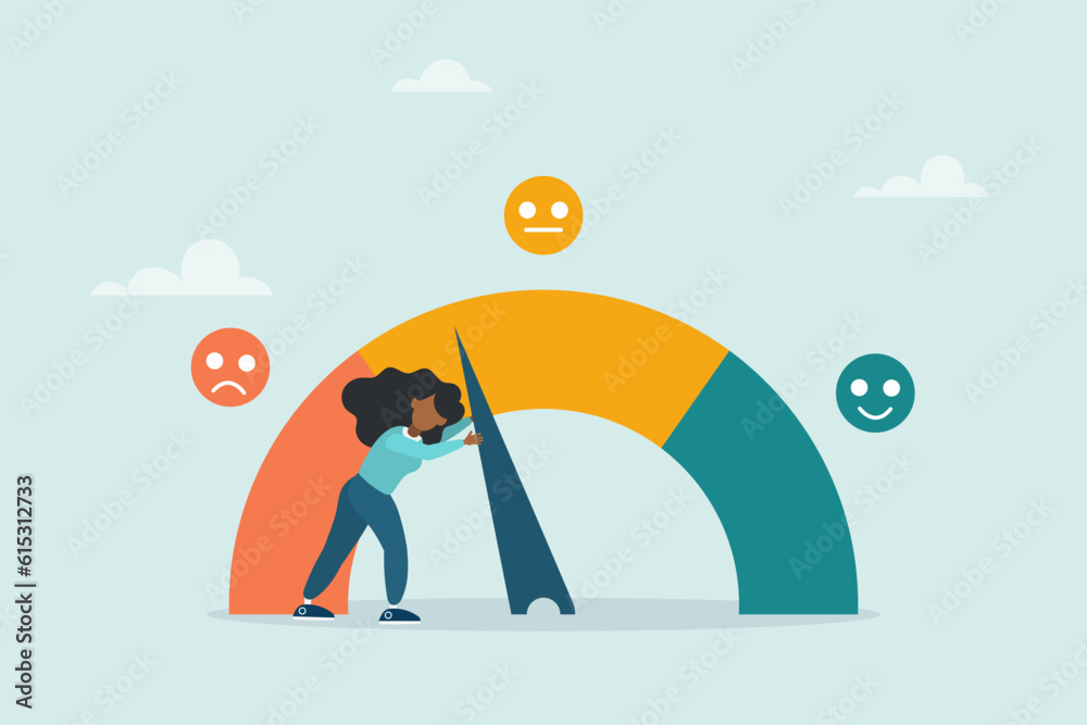 The girl pulls the arrow to make the rating scale excellent ...