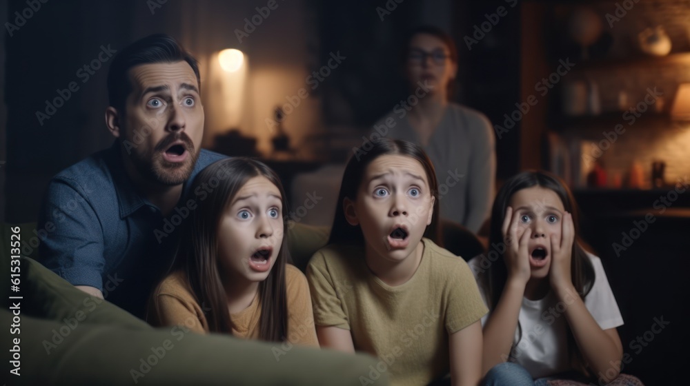 Shocked family watching horror movie on sofa at night in living room ...