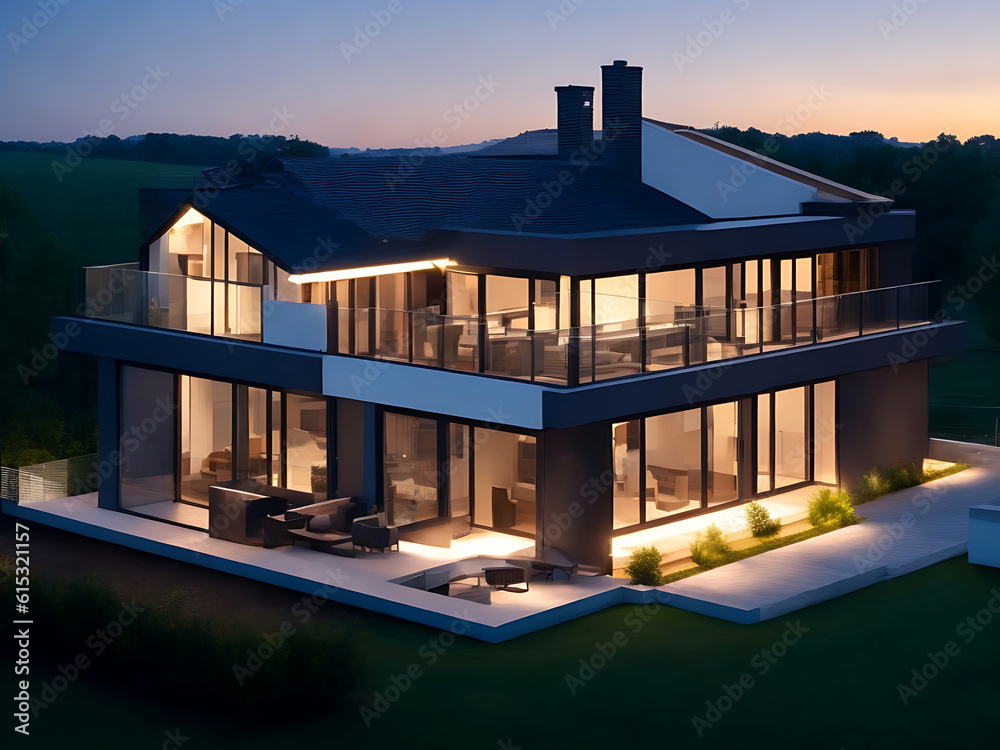 3D visualization of a modern one-story house with a flat roof and a ...