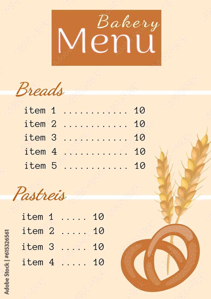 Illustration of bakery menu with bread and pastry items and prices ...