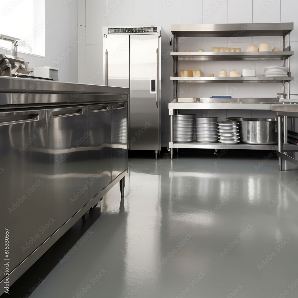 New, clean resin vinyl floor of commercial, professional bakery kitchen ...