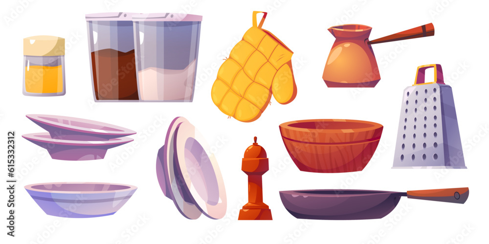 Kitchenware and cook tool cartoon vector illustration set. Utensil for ...