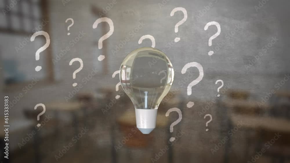 Animation of light bulb and question marks over class room background ...