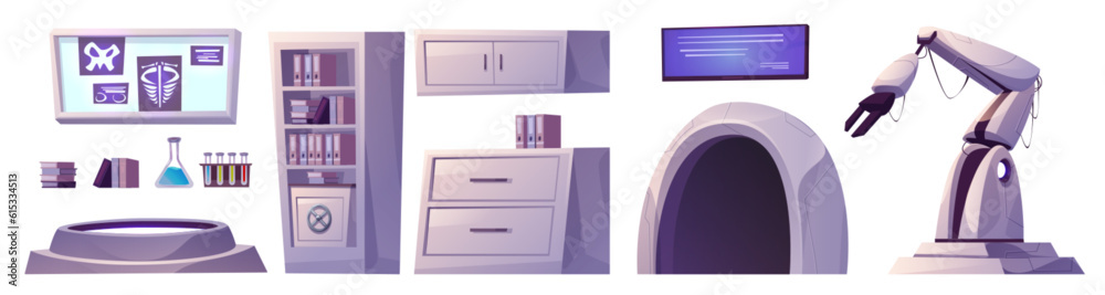 Cartoon set of modern medical laboratory equipment isolated on white ...