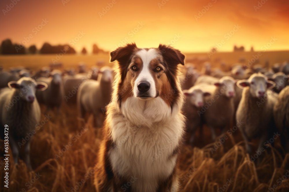 Generative AI Australian Shepherd working as sheepdogs with flock of ...